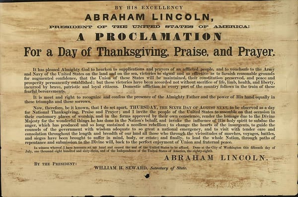 Abraham Lincoln proclaims Thanksgiving a holiday